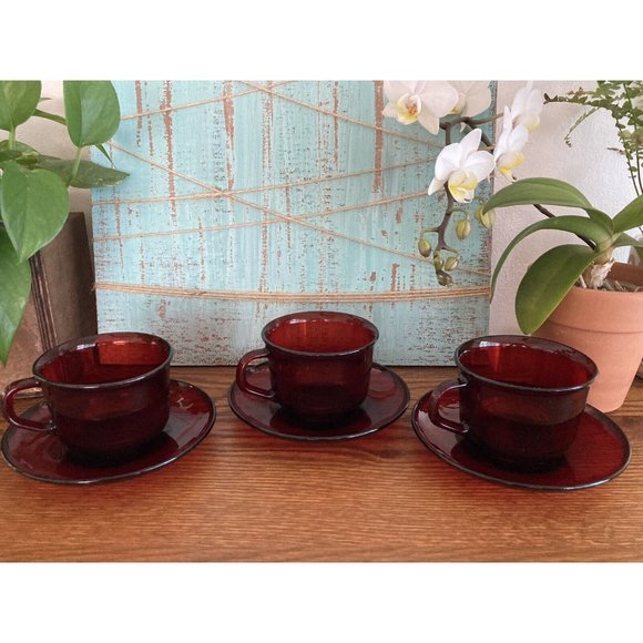 Arcoroc | Dining | Lot 3 Ruby Red French Glass Tea Cups Saucer 4 Plates ...